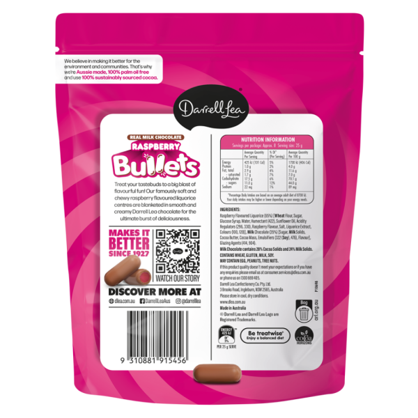 Milk Chocolate Raspberry Bullets 204g | Darrell Lea