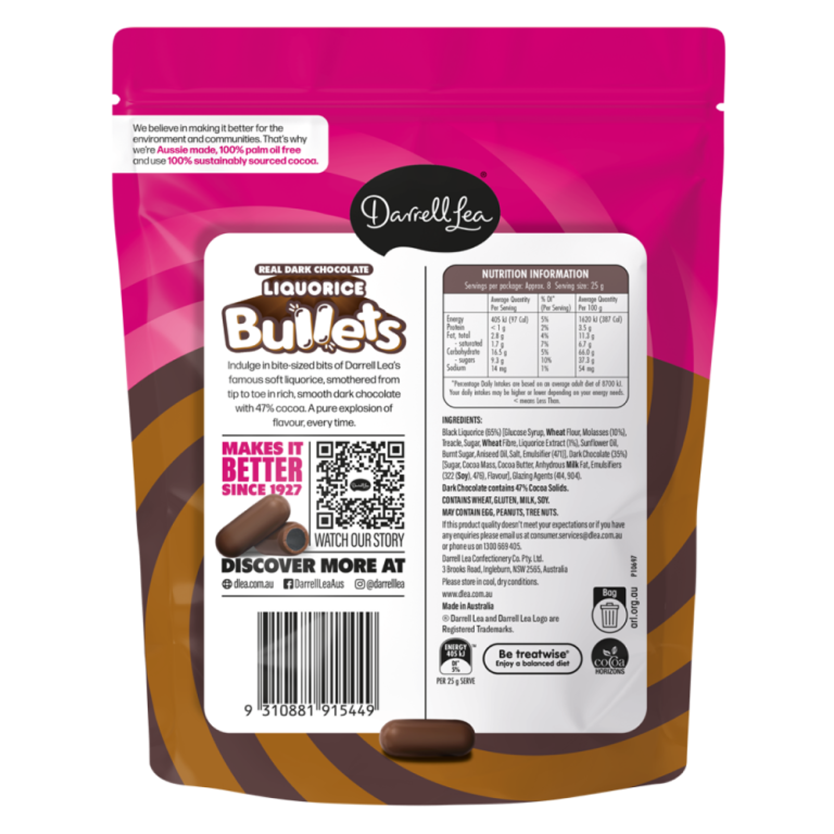 Dark Chocolate Liquorice Bullets 204g | Darrell Lea